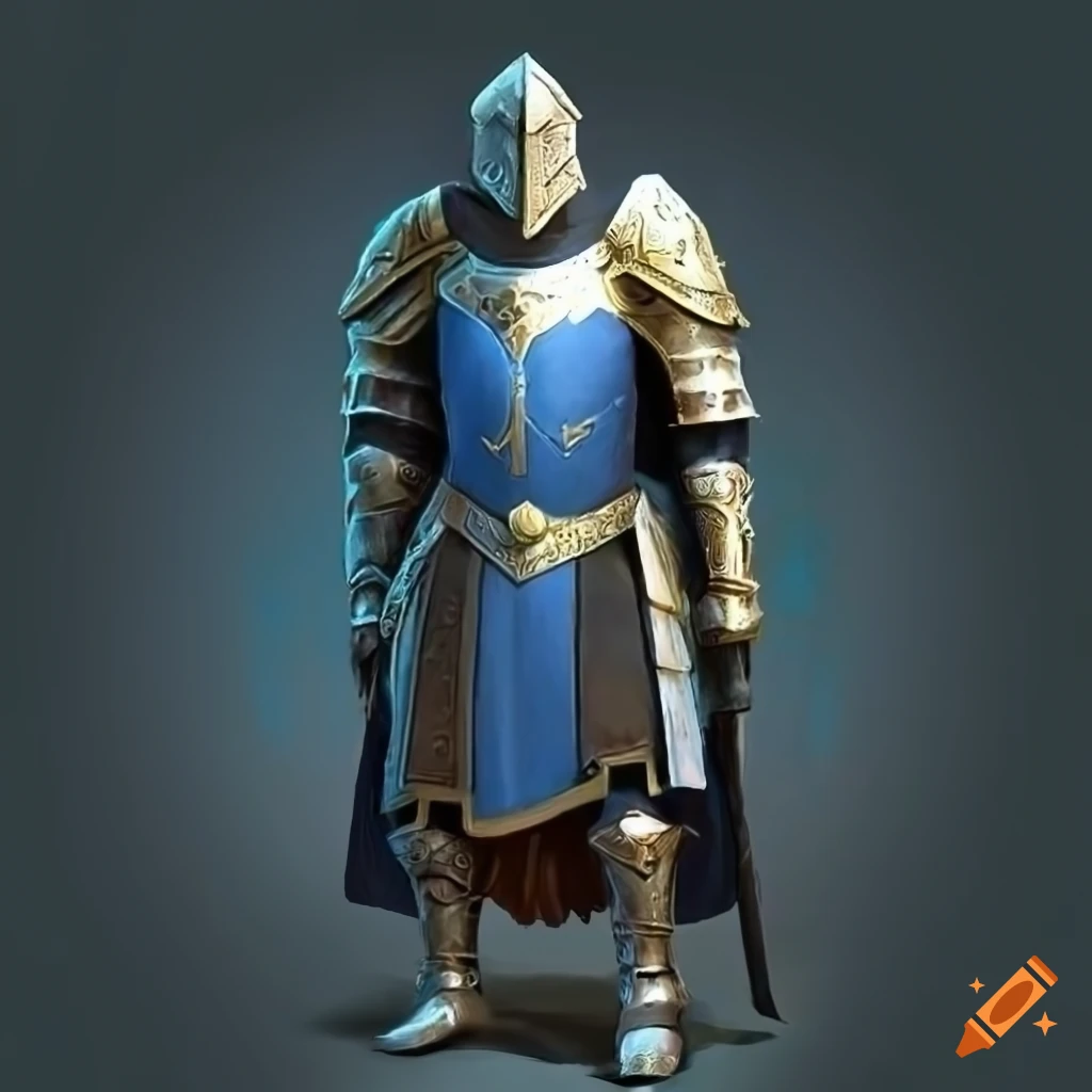 Paladin in golden chainmail with large shield and longsword on Craiyon