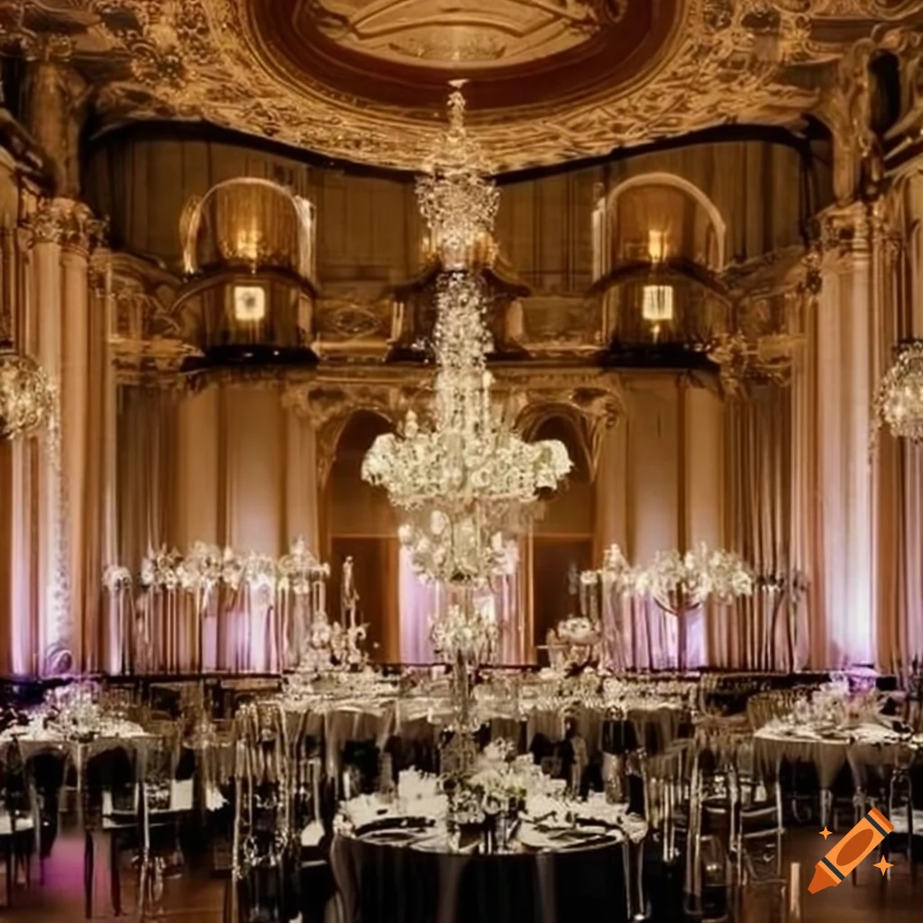 Elegant ballroom with crystal chandeliers and guests in designer attire ...