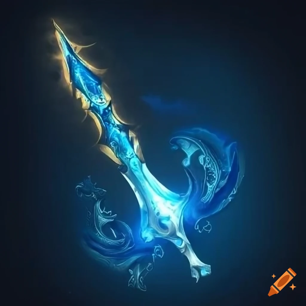 Intricate magical sword with a blue-glowing blade above an altar on Craiyon