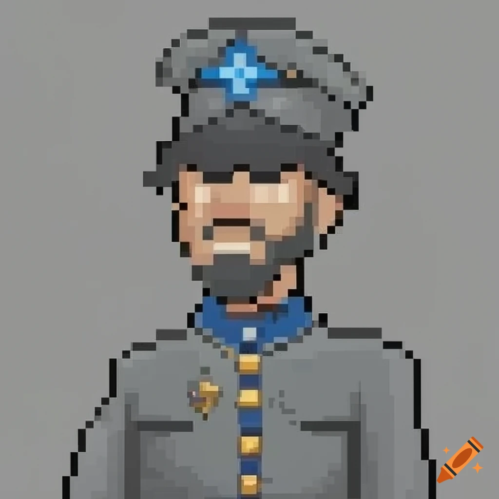 Pixel art of a military officer in a gray uniform with blue accents on ...