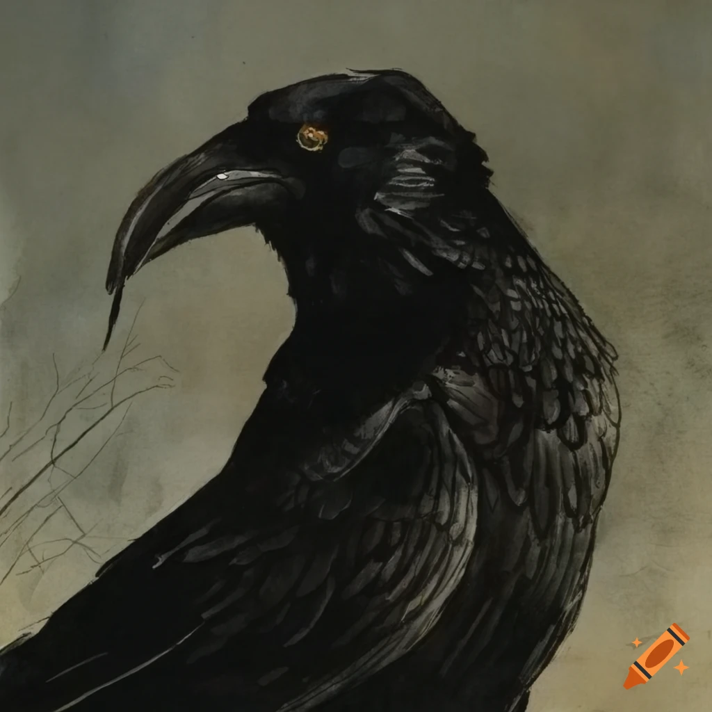 Raven in the style of andrew wyeth and woodcut reminiscent of stephen ...