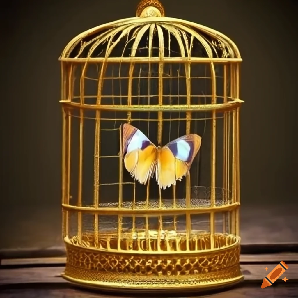 Ancient golden cage with a beautiful butterfly on Craiyon