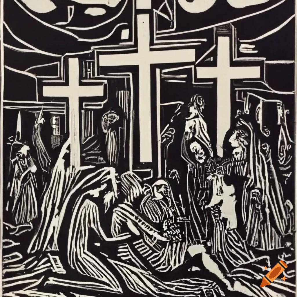 Goth stations of the cross linocut on Craiyon