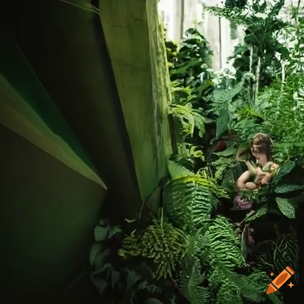 Giant plants towering over a person on Craiyon