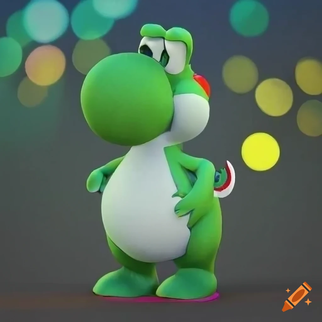 Green Yoshi game character with a large belly and inviting smile in a ...