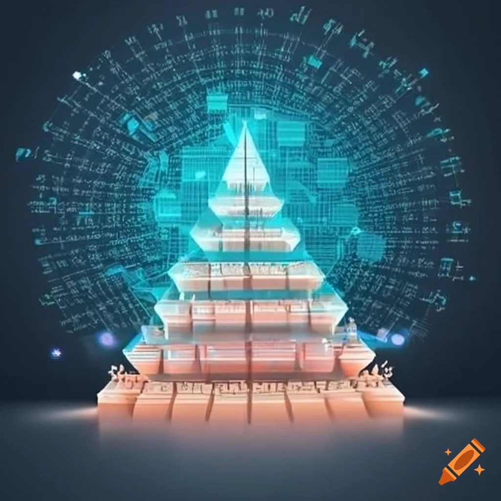 Business data flowing into a server forming a pyramid on Craiyon