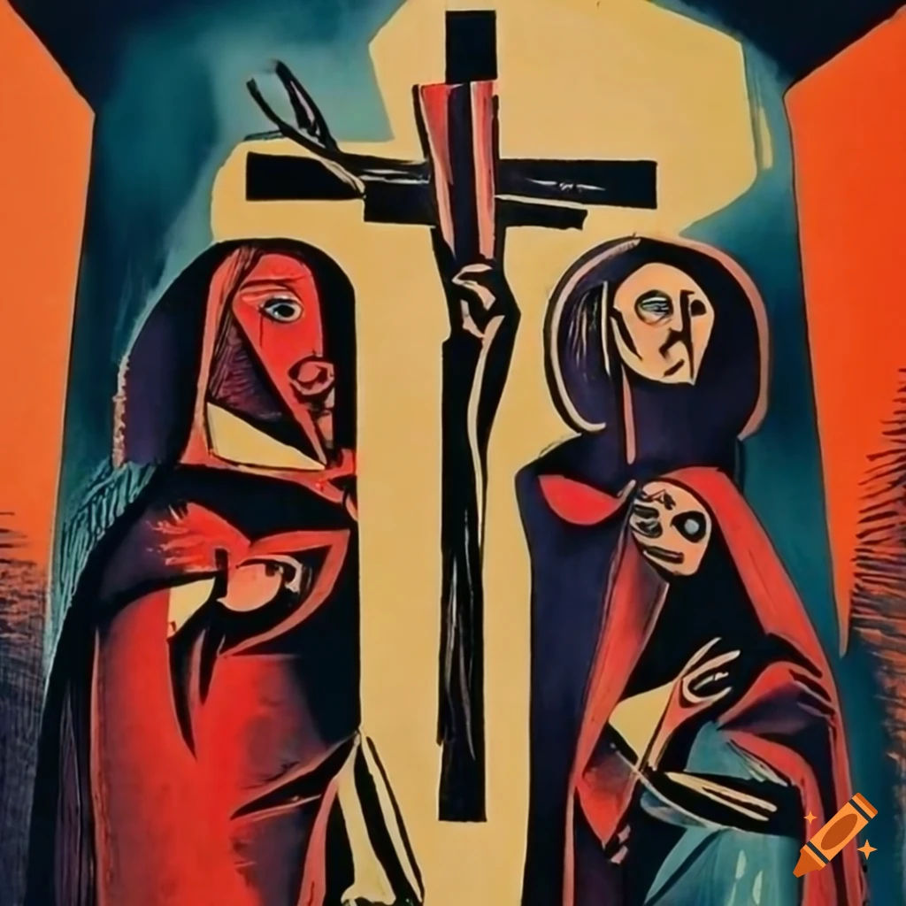 Stations of the cross woodcut art by picasso on Craiyon