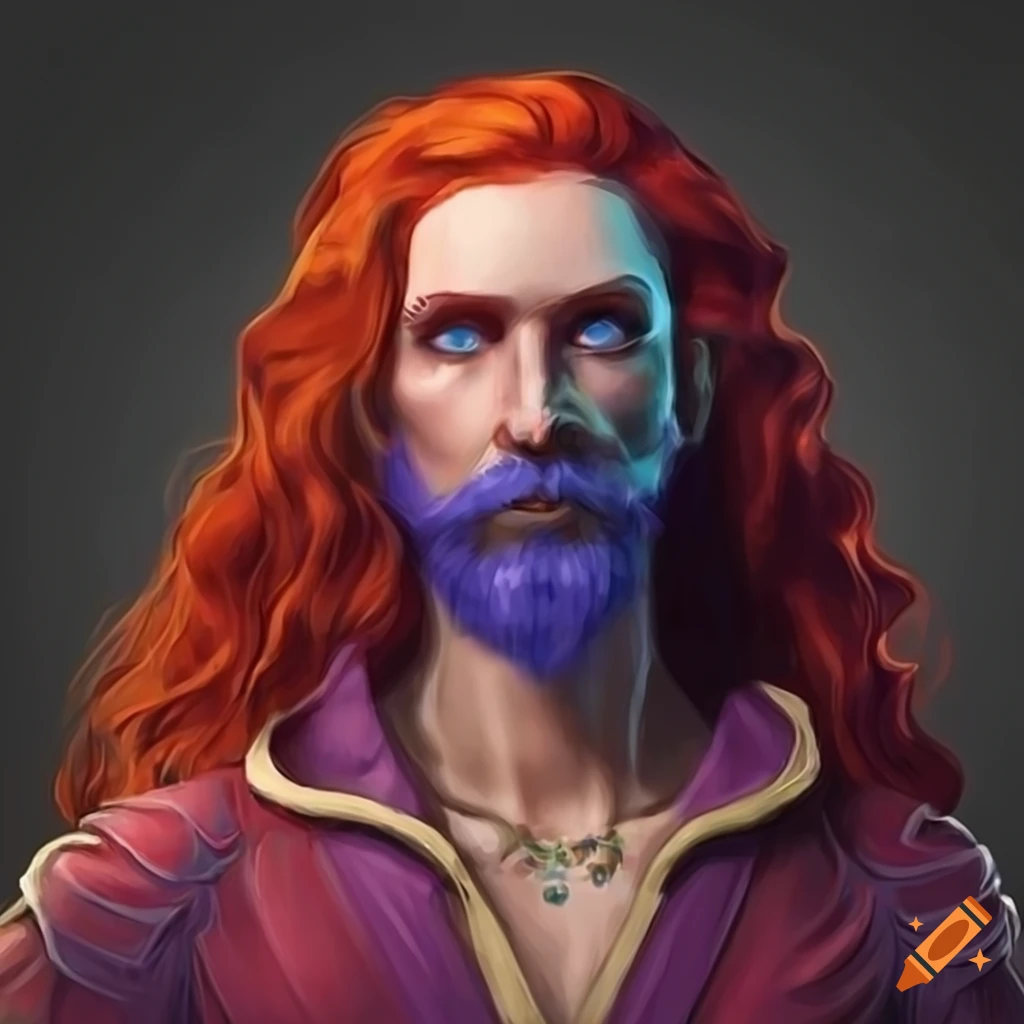 Fantastical human figure with red hair and blue beard in mage's robe ...