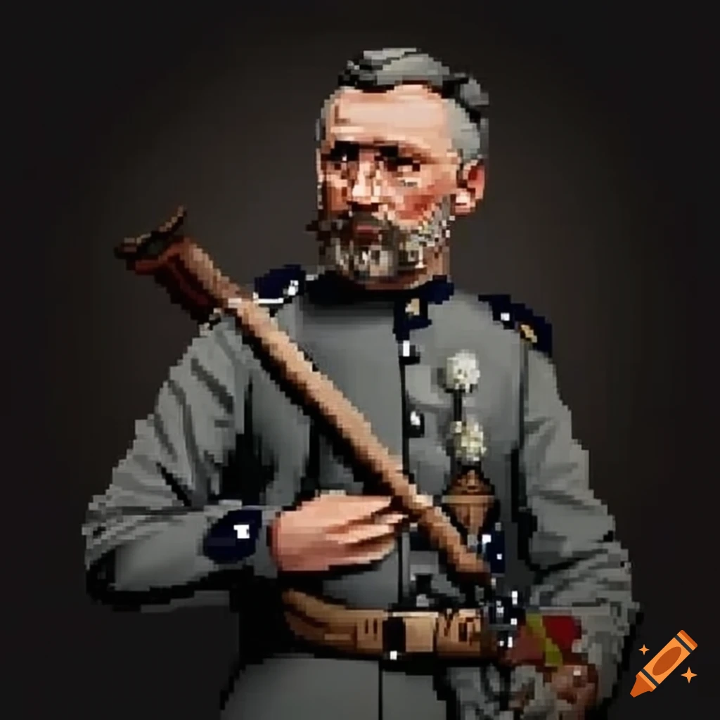 Detailed pixel art of a confederate officer in a gray uniform with blue ...