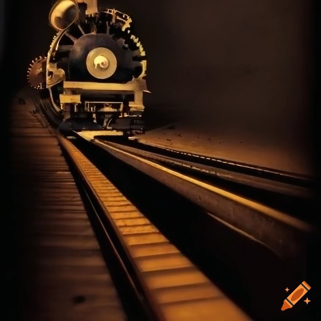 Side view of a steampunk train on rails in a retro-futurist style on ...