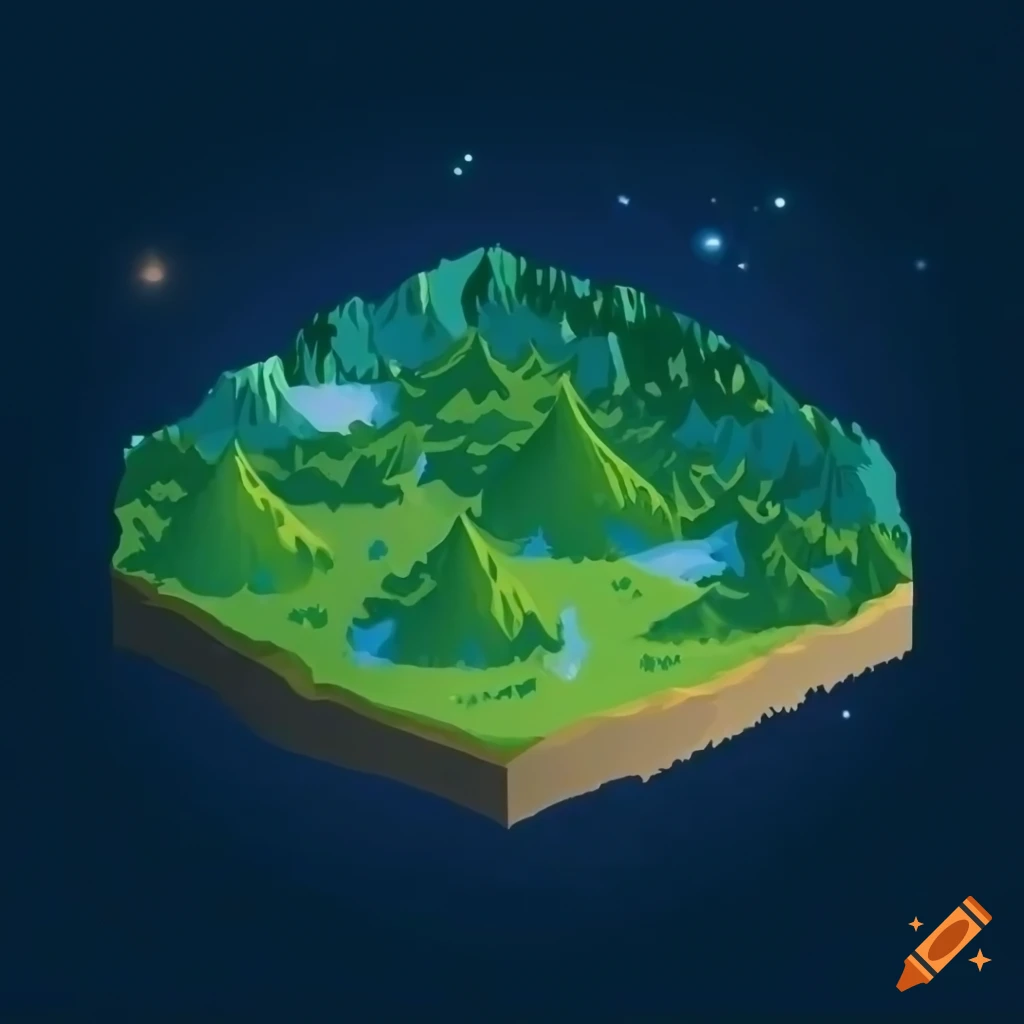Isometric view of mountains, forests, and starry night sky on Craiyon