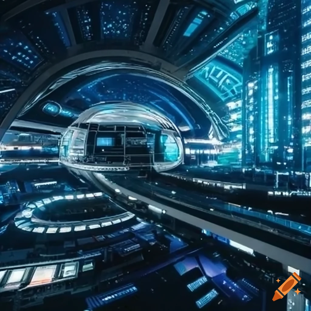 Sci-fi future city with a docking spaceship from a high angle on Craiyon