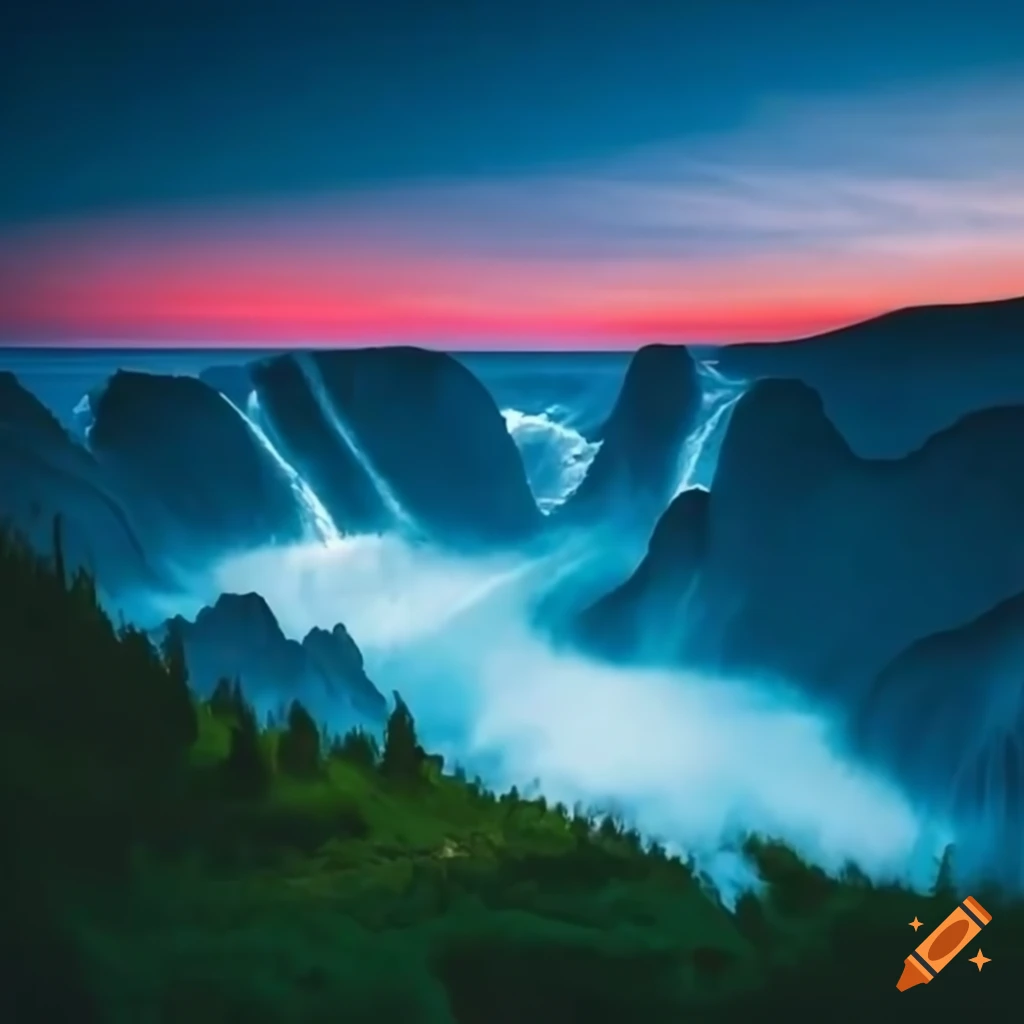 Breathtaking panoramic view of mountains, waves, and waterfalls on Craiyon