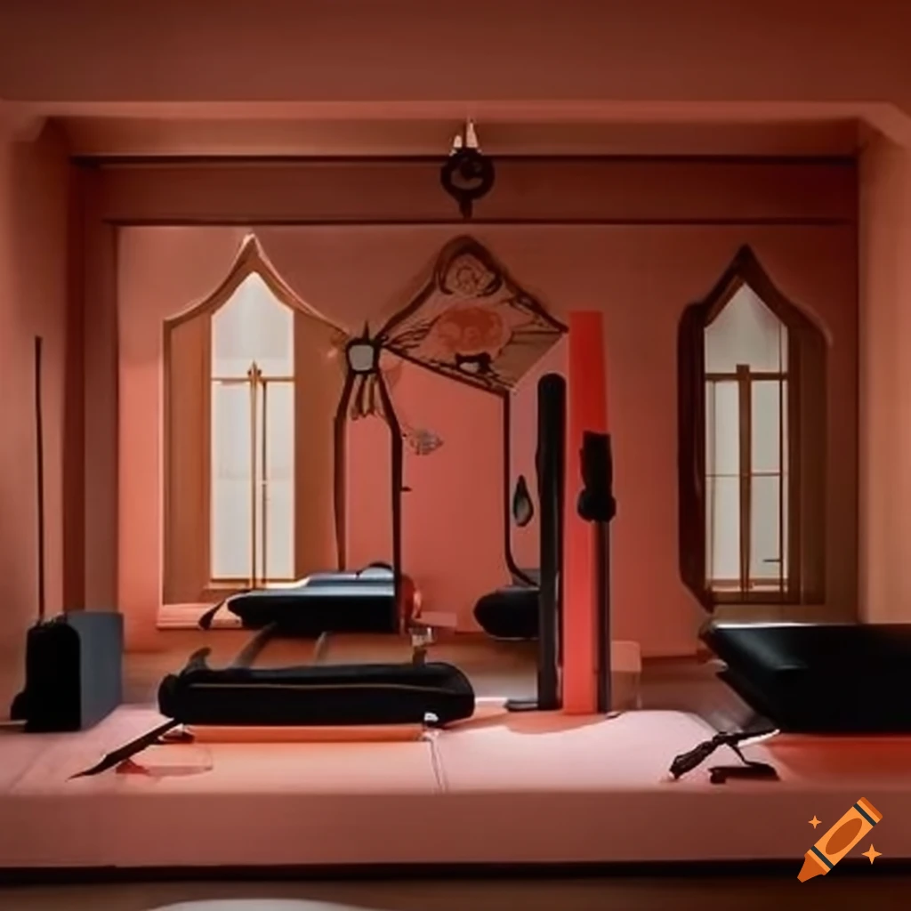 Modern pilates reformer studio in brown and coral colors with a touch ...