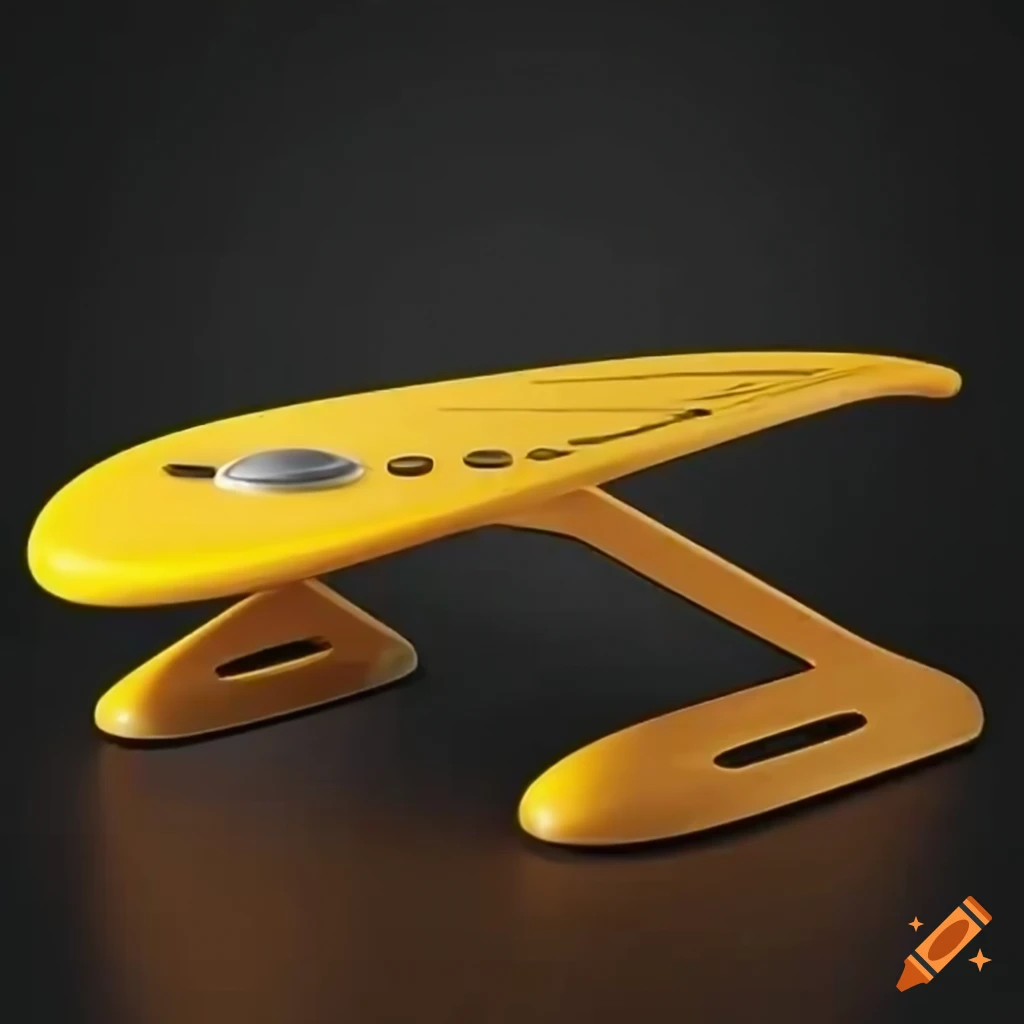 Automated yellow metal surfboard with a control tablet on a table, with ...