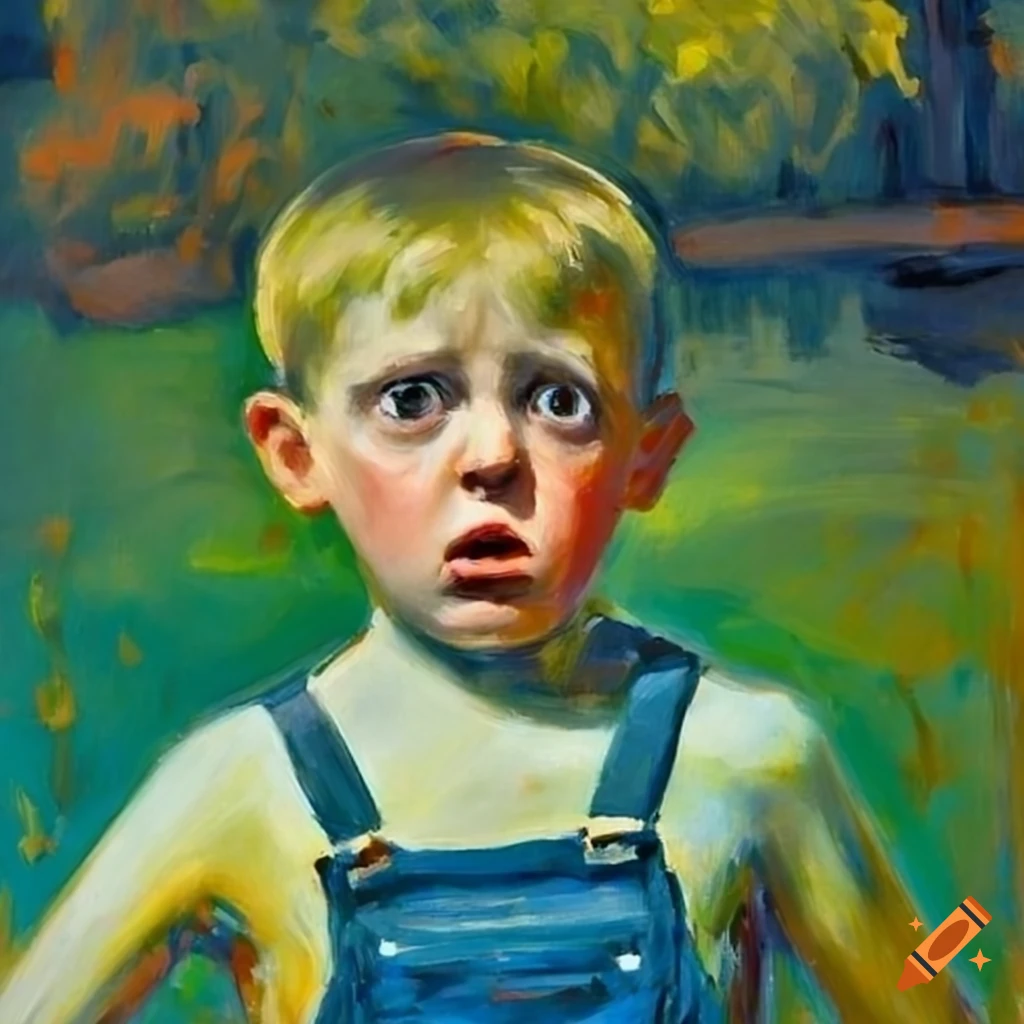 Scared boy in overalls gazing at a pond in the style of Edward Hopper ...
