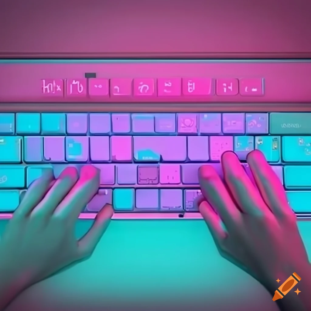 Hands typing on keyboard with turquoise and pink light from monitors on ...