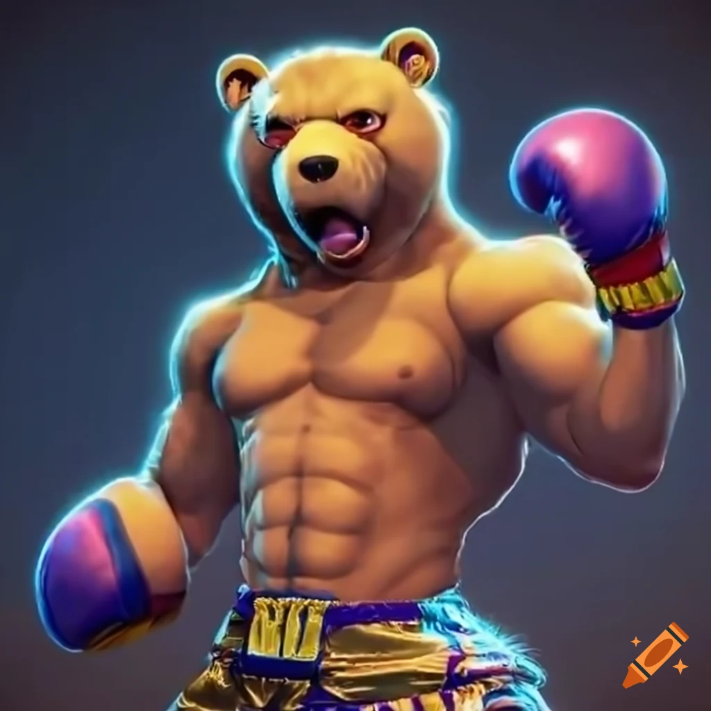 Bear making a victorious salute in boxing gloves and Muay Thai shorts ...