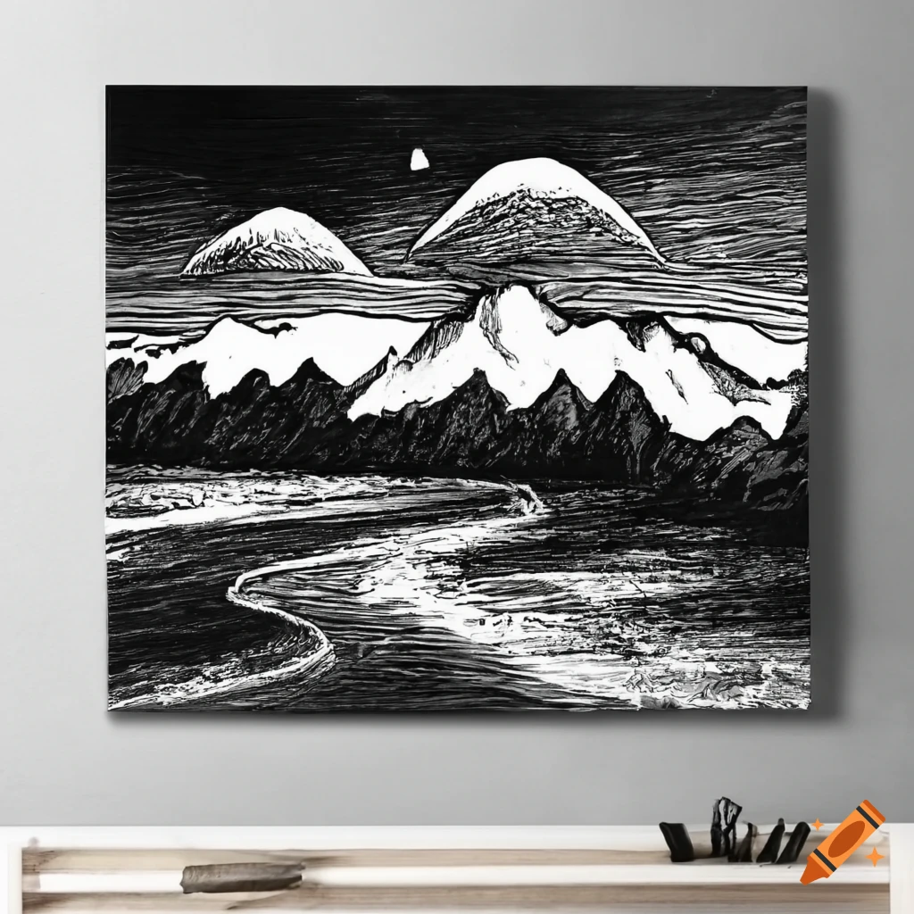 Scenic black and white chalk drawing of mountains, river, and sun on ...