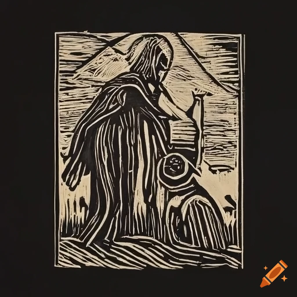 Stations of the cross linocut art with a bird on Craiyon