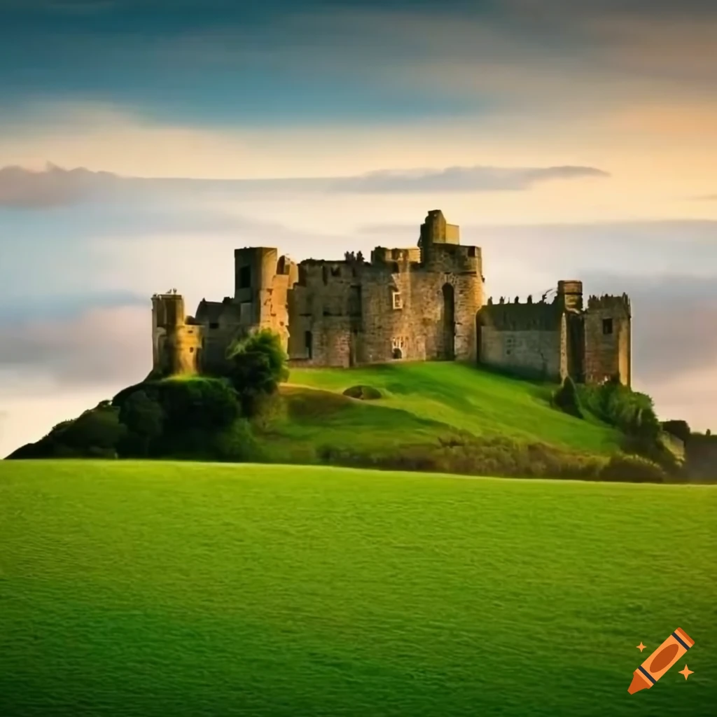 Norman castle on a hill overlooking green fields on Craiyon