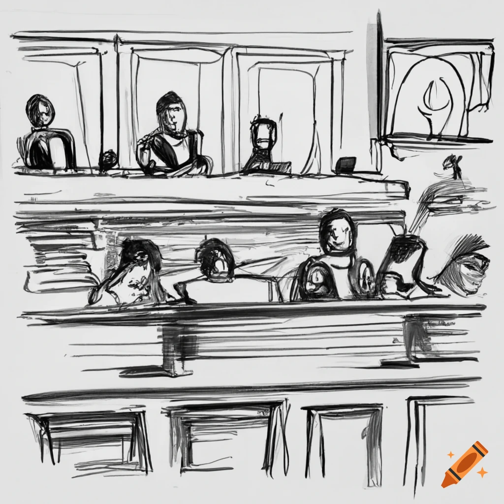 Sketch of 9 judges hearing a case in court in black and white on Craiyon