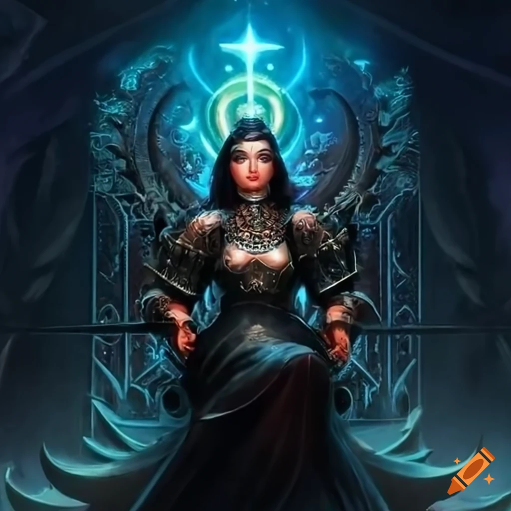 Exquisite woman warrior in a demonic throne room surrounded by flaming ...