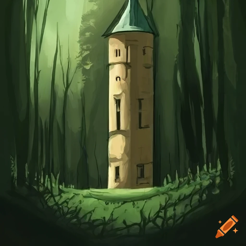 Drawing of a tall tower in a lush forest in renaissance style art on ...
