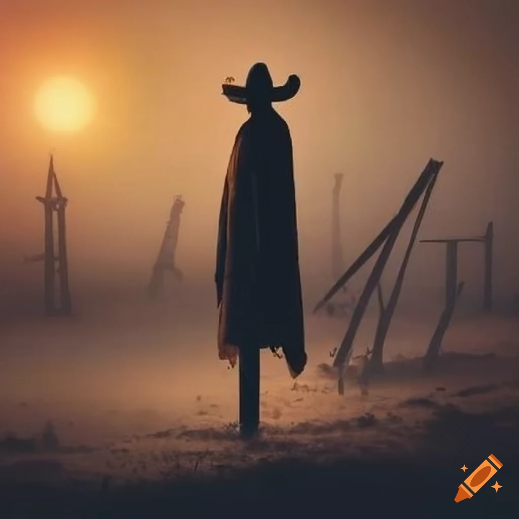 Ghostly cowboy by gallows in foggy sunset scene on Craiyon