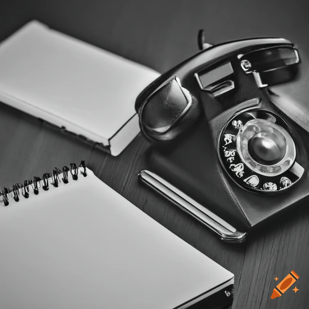 Vintage dial phone and notepad on a table in black and white on Craiyon