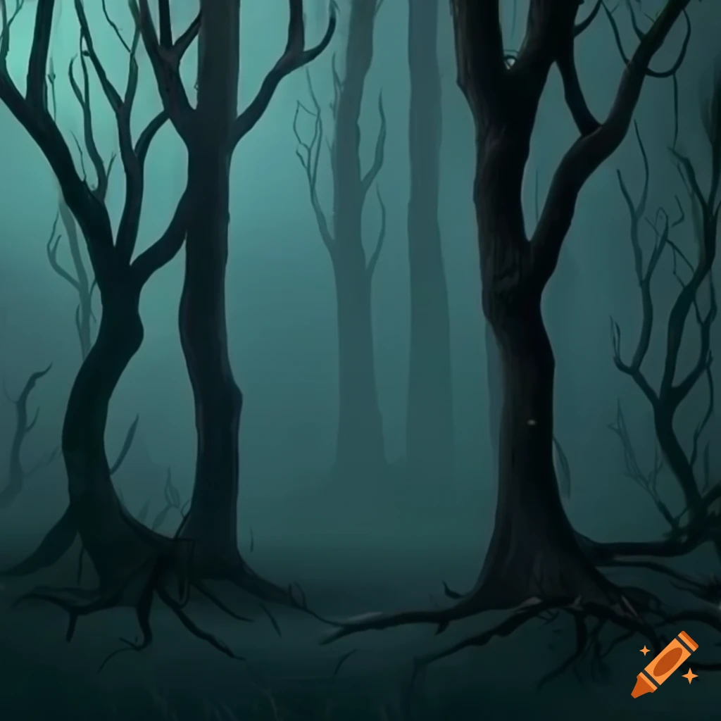 Enchanted dark forest with fireflies, moon, and crooked branches at night on Craiyon