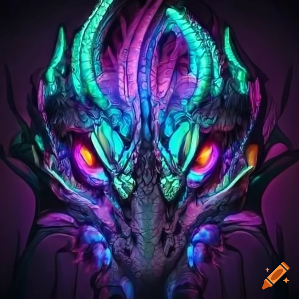 Intricately designed neon dragon head with detailed eyes on Craiyon