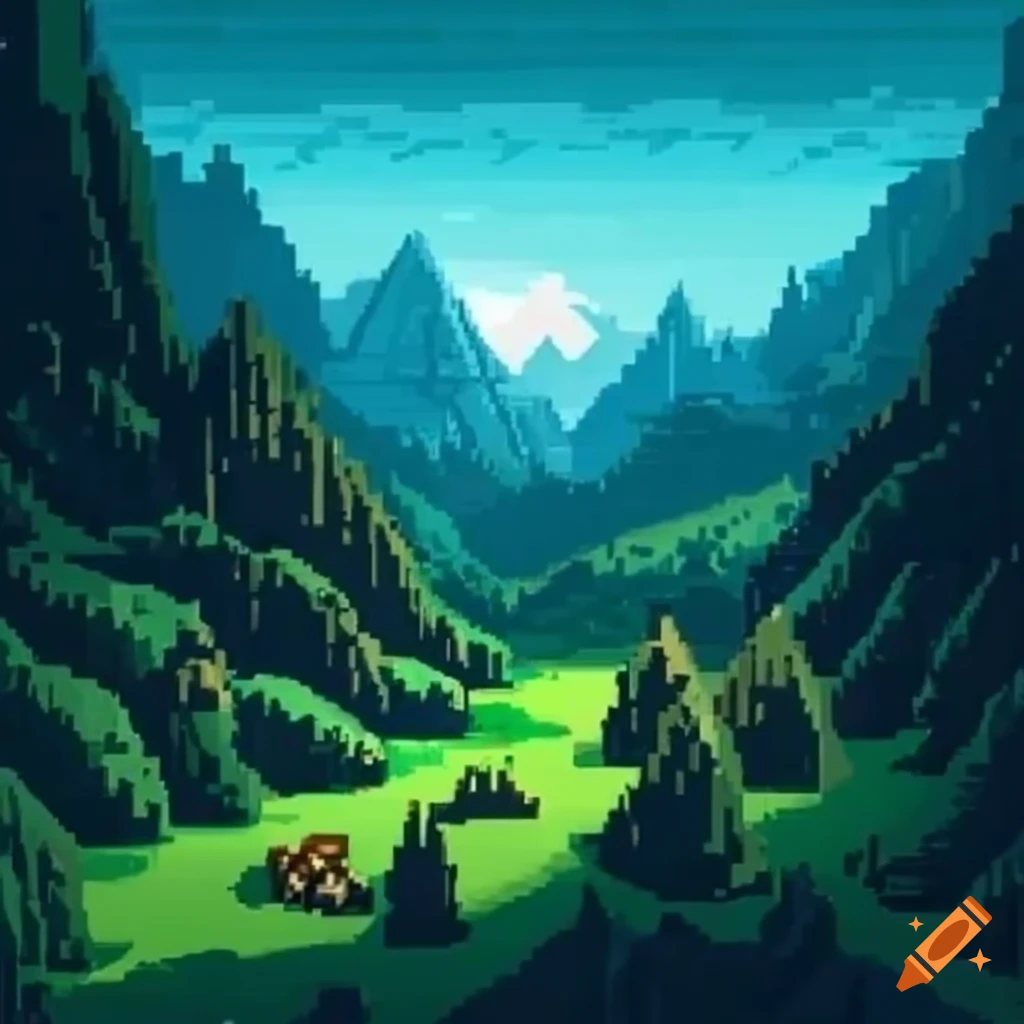 Pixel art landscape depicting a kingdom map with mountains and castles ...