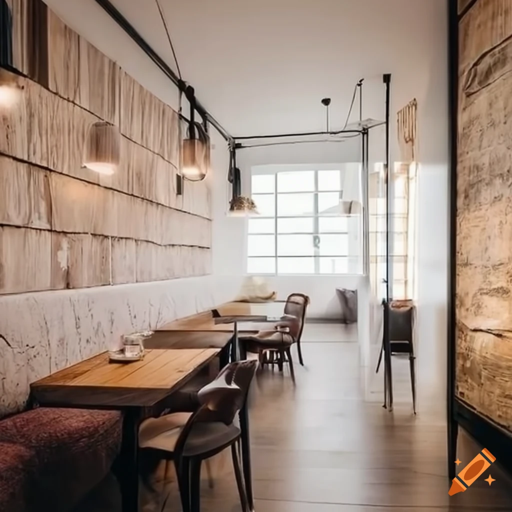 Modern minimalist interior design of a clean and cozy cafe on Craiyon