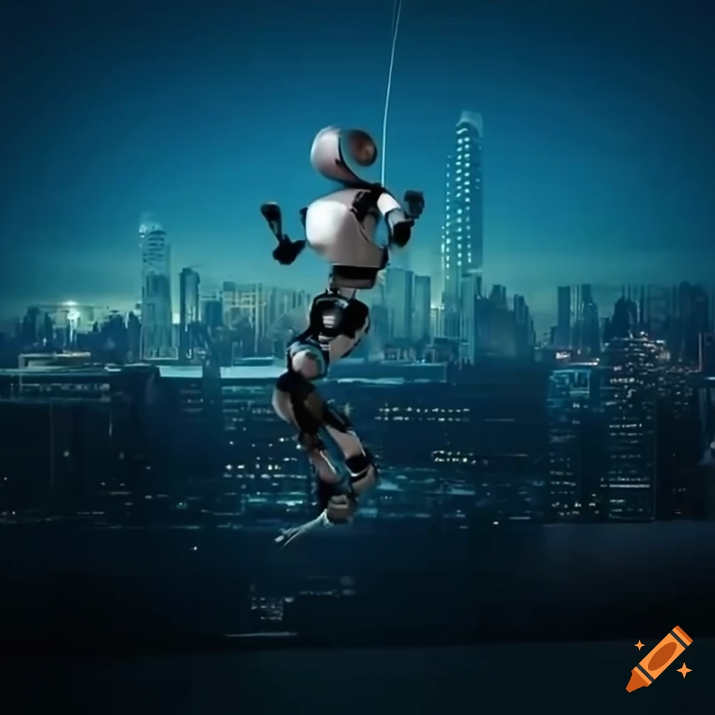 Robot exercising with a jump rope overlooking a scenic city skyline on ...