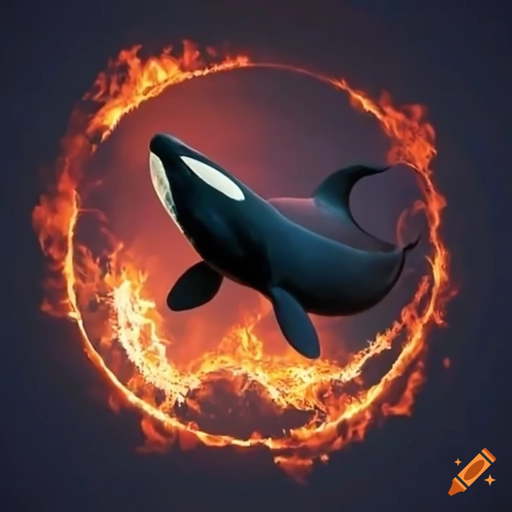 Orca whale jumping through circular wheel of fire on Craiyon