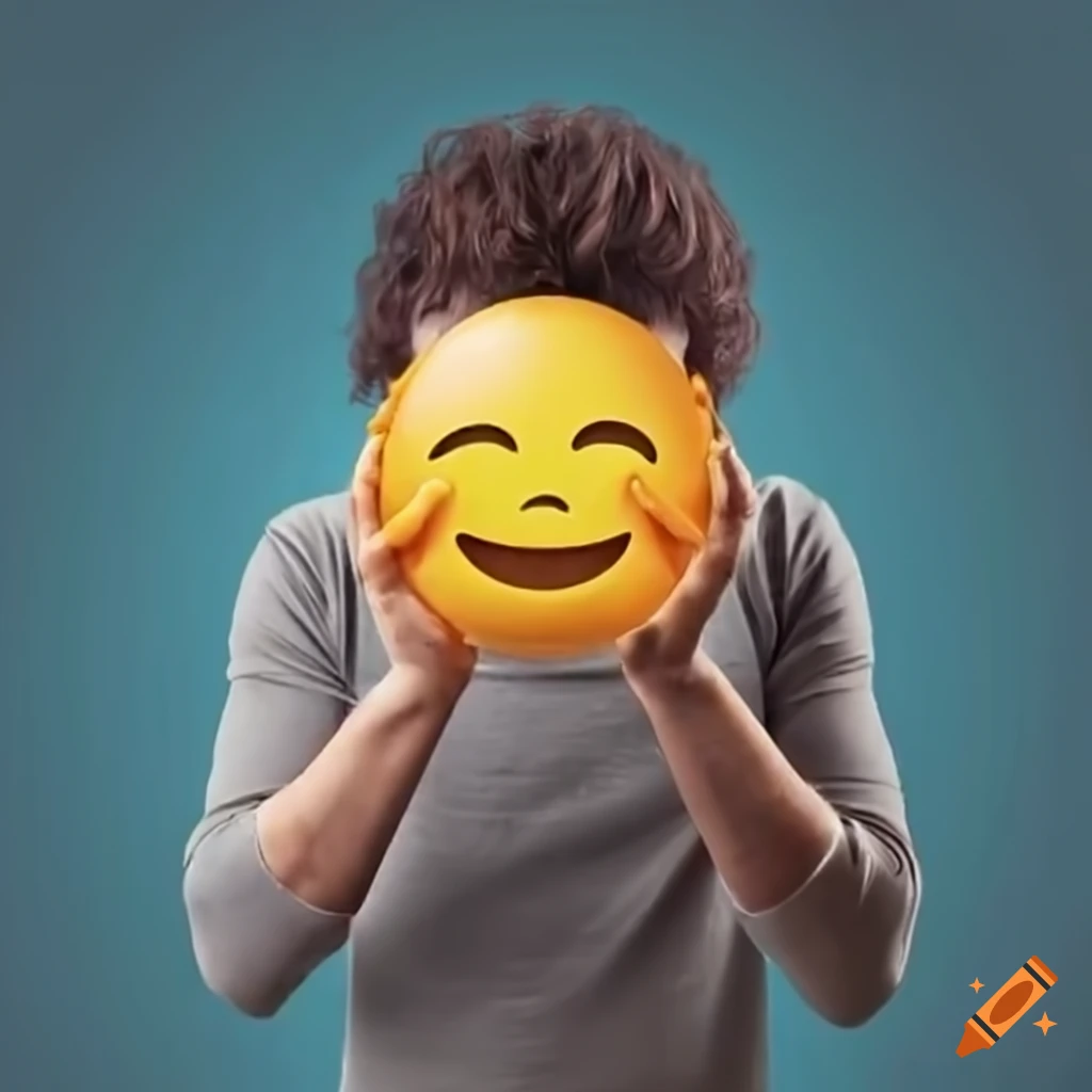 Man holding a smiling emoji while crying on Craiyon