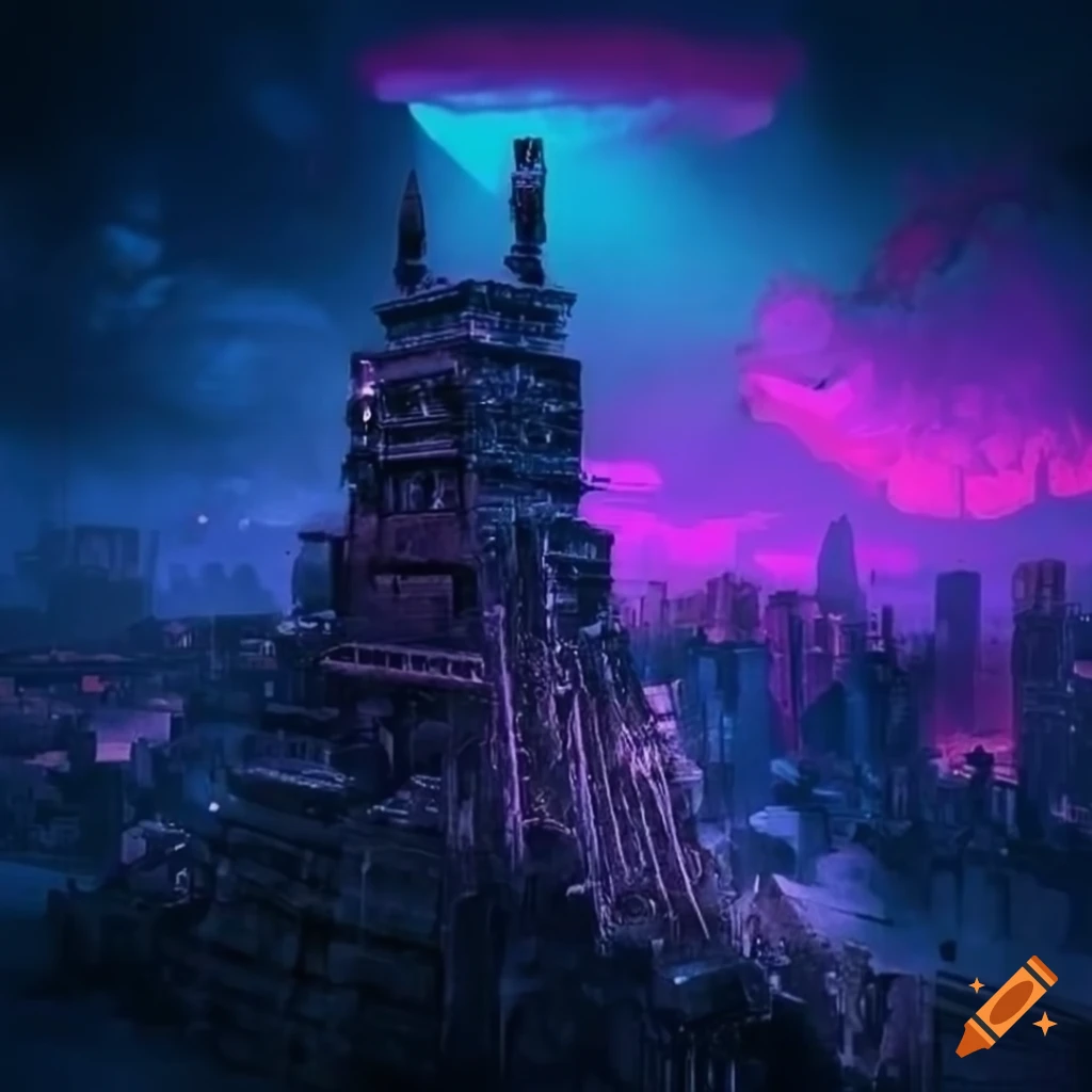 Aztec inspired cyberpunk city with neon lights on Craiyon