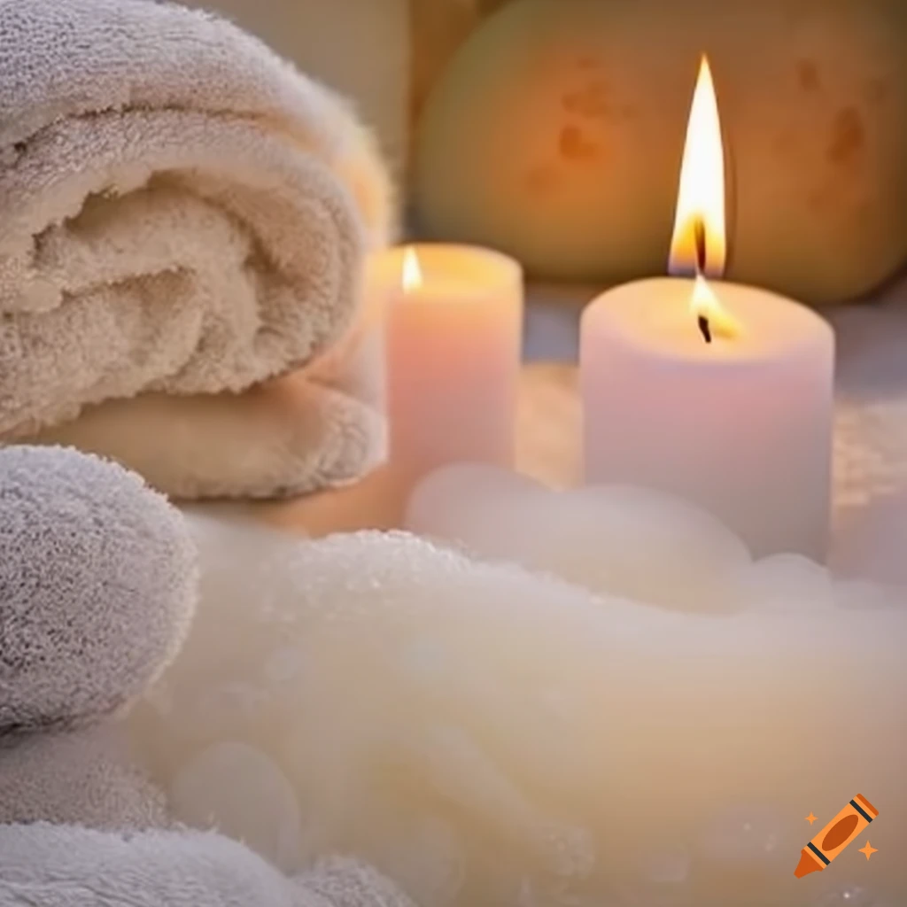 Serene spa environment with bubble bath, towel, and aromatic candles on ...