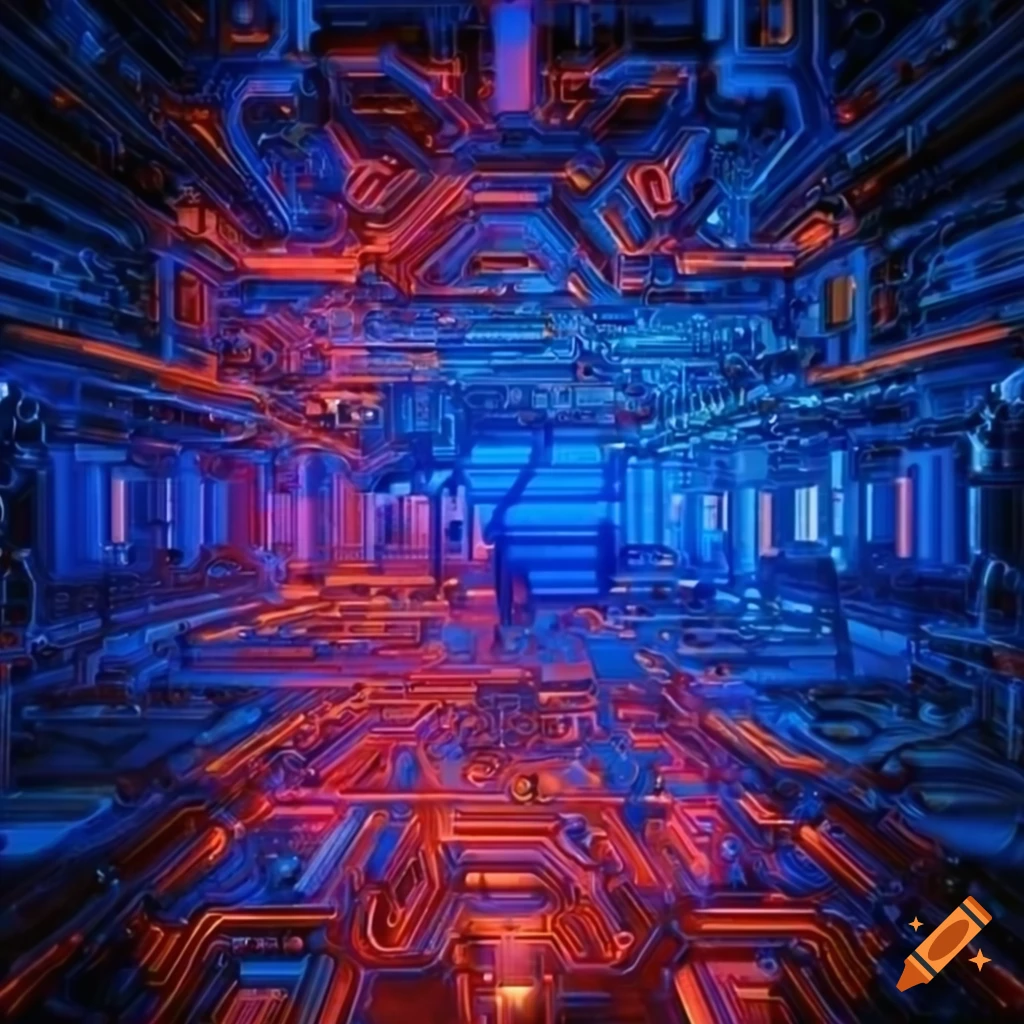Abstract blue and orange neon circuit boards in a 3d matrix on Craiyon