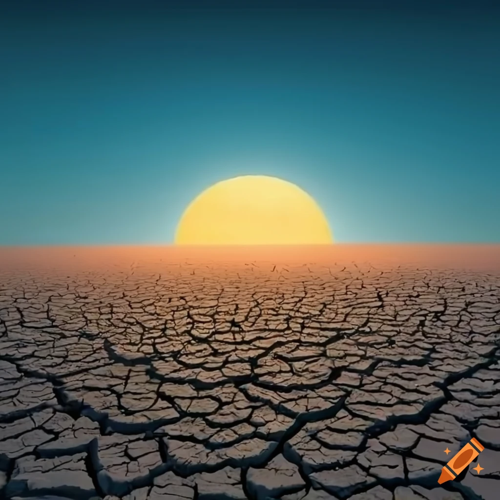 Large expanse of dry earth with holes and cracks under a blue sky and ...