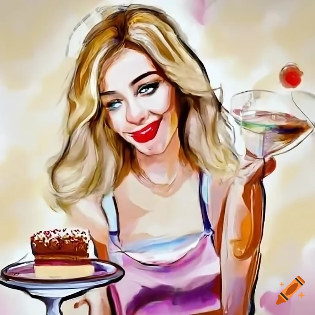 Blonde lady happily baking a cake while sipping a martini on Craiyon