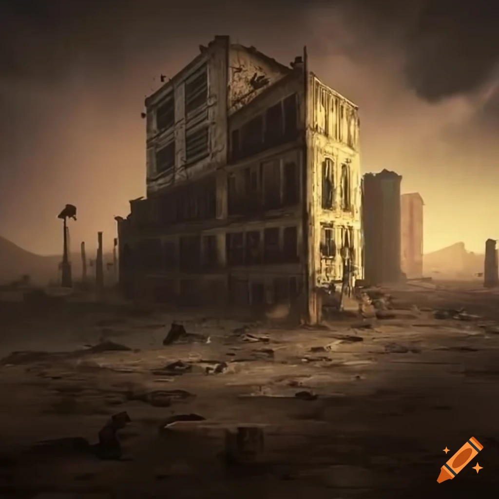 Wasteland in a fallout setting with ruined building in the background ...