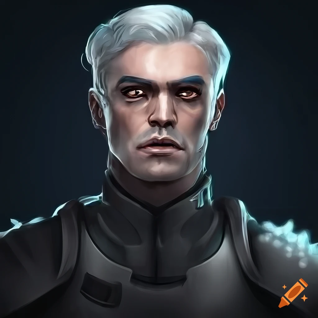 Sci-fi human with grey hair and black armor in digital art on Craiyon