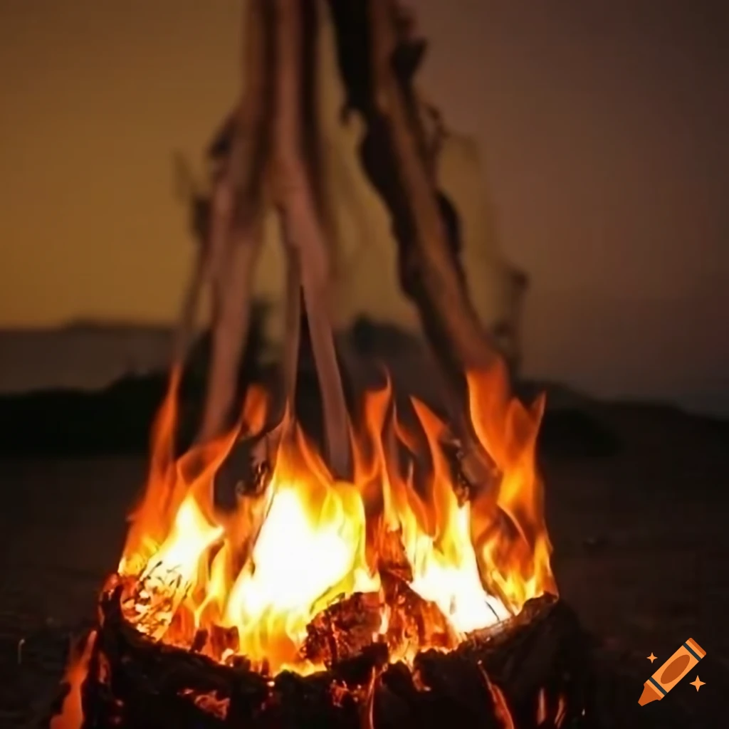 Tall flame of a crackling campfire in the bright daylight on Craiyon