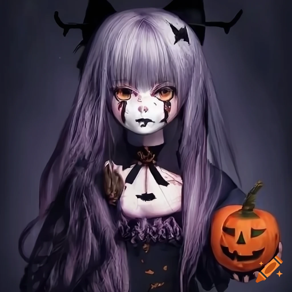 Halloween girl as haunted doll with mobile phone in anime style on Craiyon
