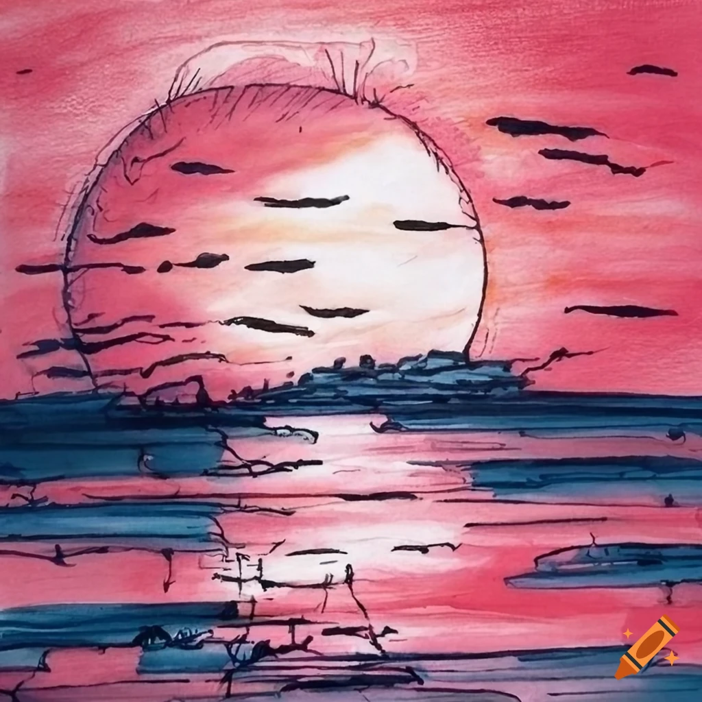 Ink drawing of a beautiful sunset on Craiyon
