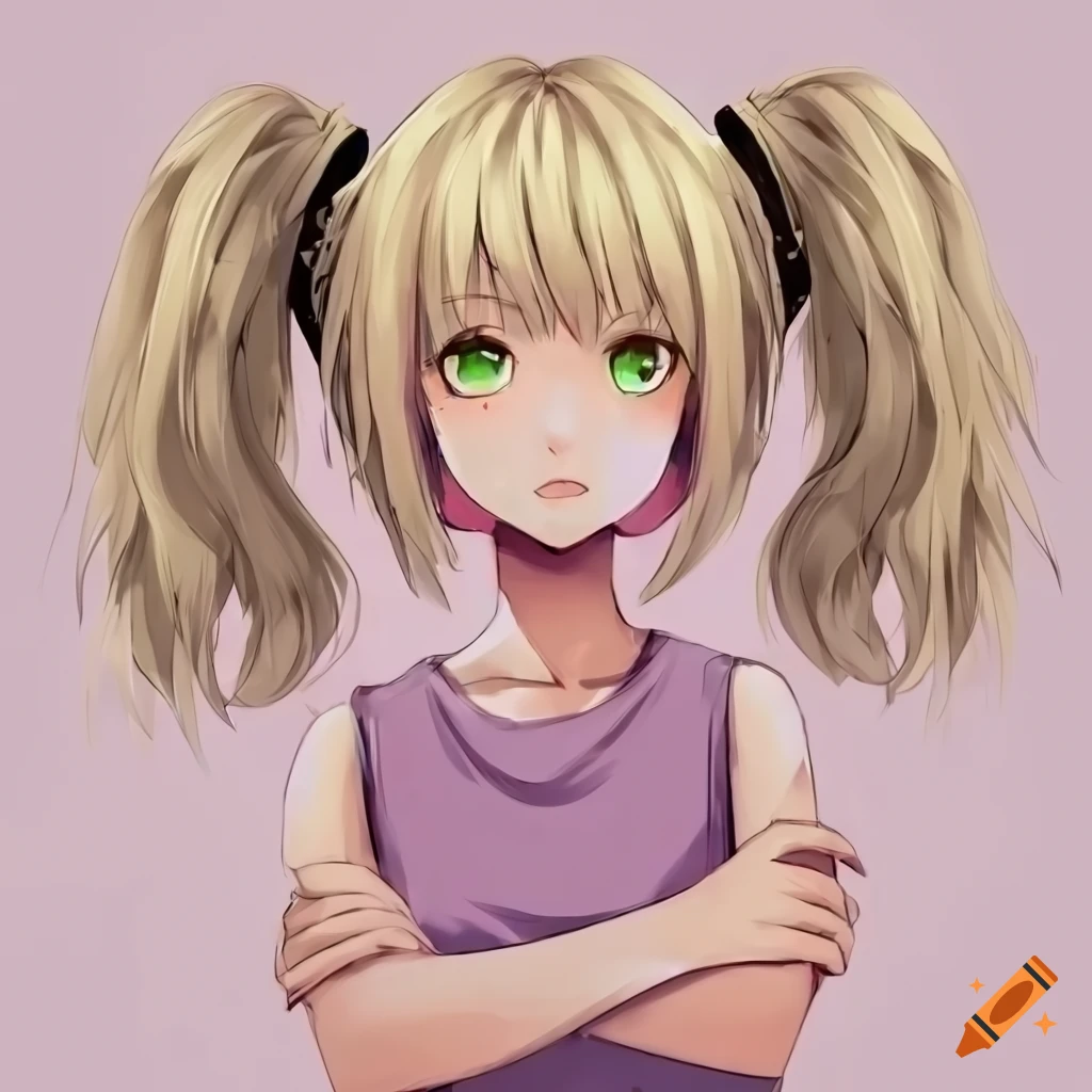 Anime Girl With Blonde Hair And Green Eyes In Pink Sleeveless Shirt With Arms Crossed On Craiyon