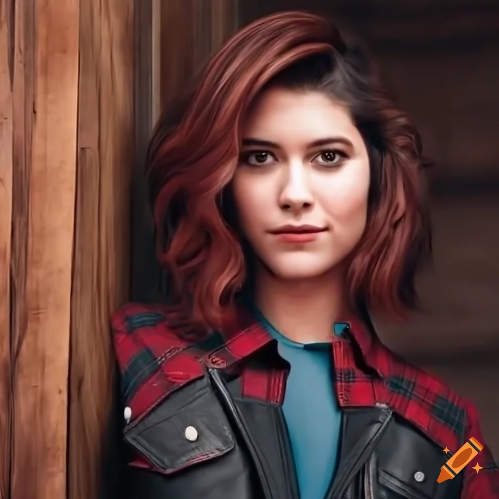 Actress in red plaid shirt and black leather jacket from a low angle ...