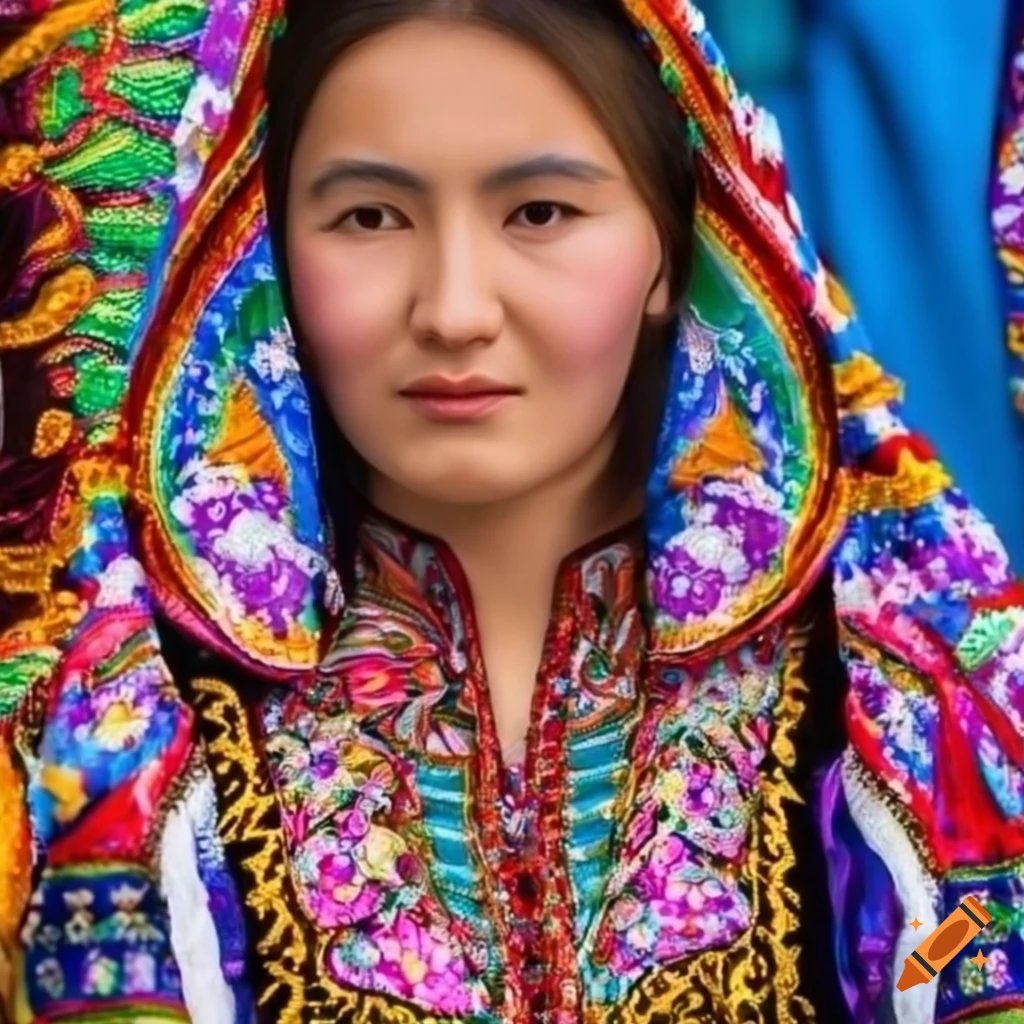 Colorful portrait of a young Uzbek woman in intricate national attire ...